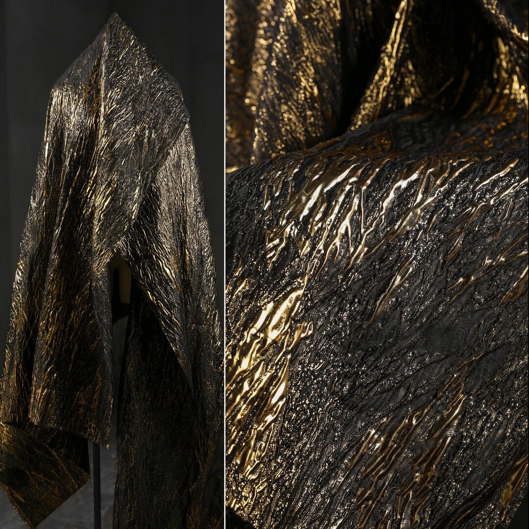Black Gold Vein Brocade Fabric | 3D Textured Metallic Jacquard ...