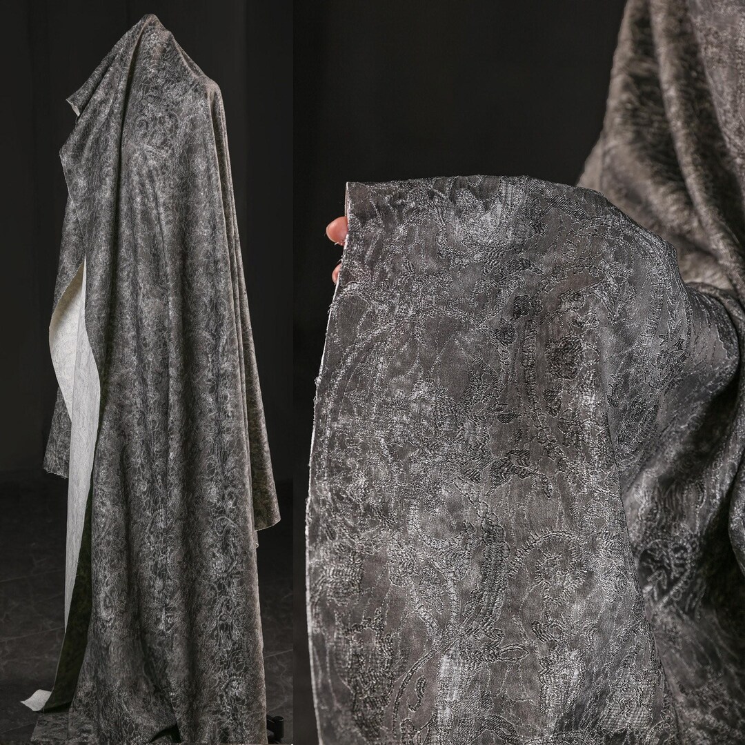 Grey Speckled Paisley Jacquard Fabric, Distressed Textured Material for ...