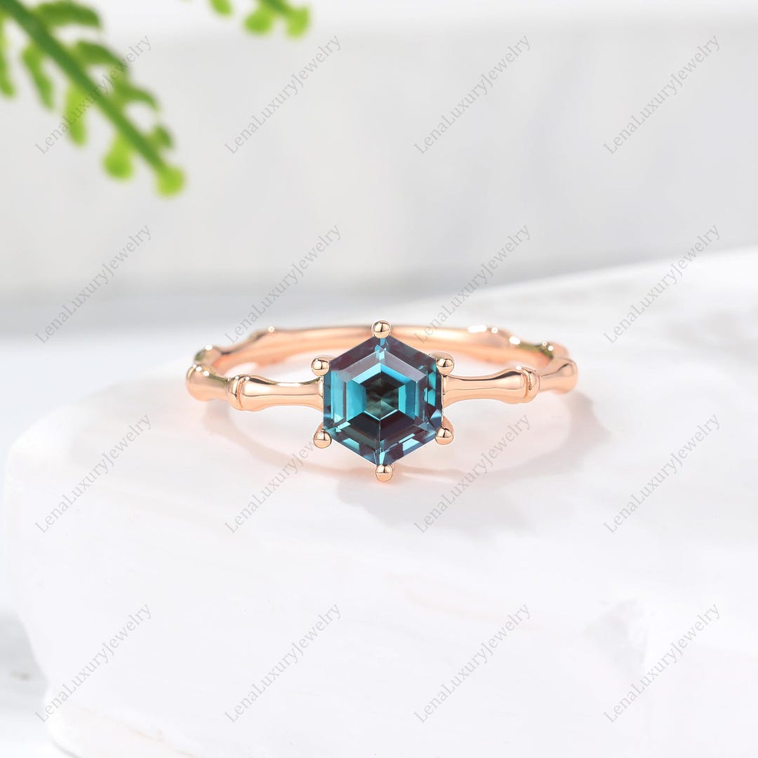 Dainty Lab Hexagon Cut Alexandrite Promise Ring: 9K Gold Silver Band ...