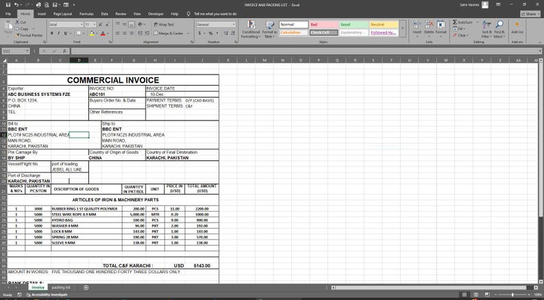 Excel Invoice Template With Packing List, Editable Business Billing ...