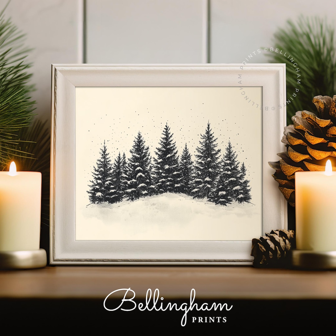 Rustic Winter Evergreen Trees Printable Art - Cozy Minimalist Farmhouse ...