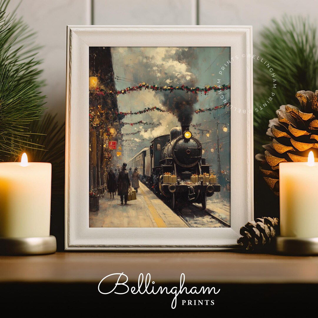 Vintage Steam Locomotive Print, Printable Holiday Wall Art, Cozy Winter ...