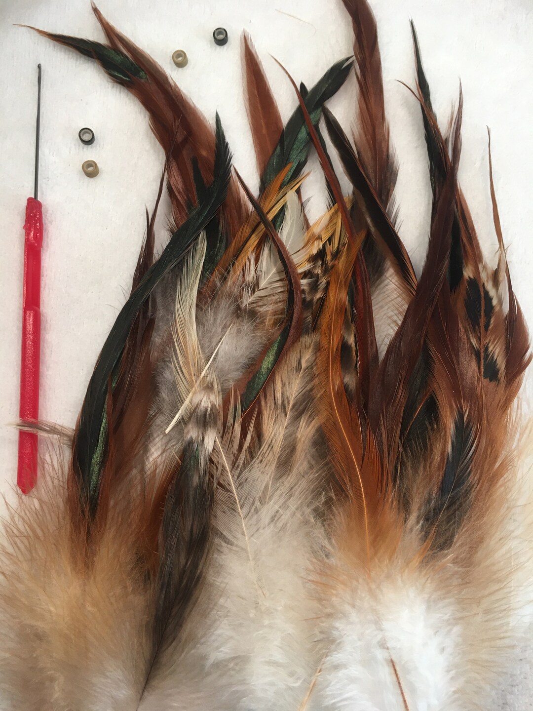 DIY Feather Hair Extension Kit | Bronze Rooster Feathers, Crimp Beads ...