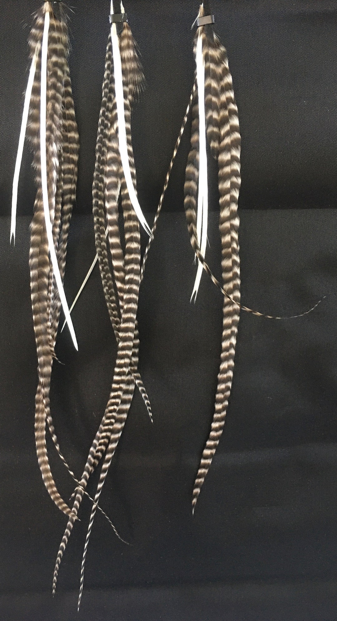 Long Clip in Hair Feathers Black & White Grizzly Stripe Feather Jewelry ...