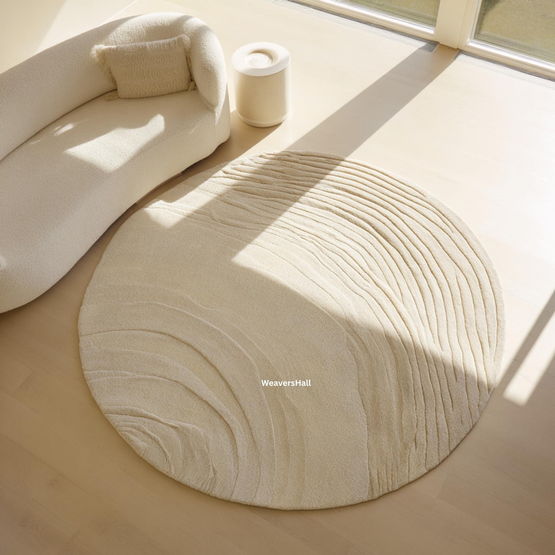 Cream Round Textured Rug | Modern Minimal Carved Wave Pattern Carpet ...