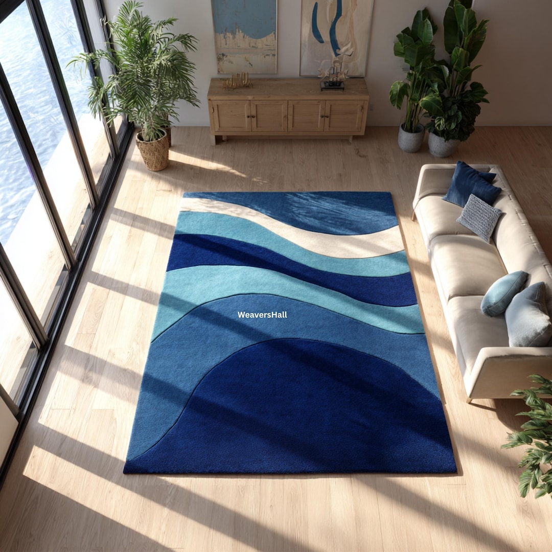 Modern Blue Wave Area Rug | Ocean Inspired Contemporary Floor Decor for ...