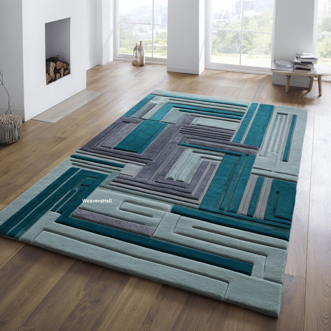 Teal and Grey Geometric Rug | 3D Carved Modern Rug - Etsy