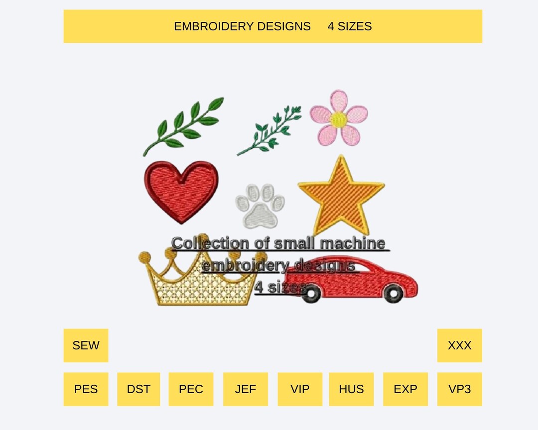 Mini Machine Embroidery Designs • Heart, Star, Crown, Car (digital ...