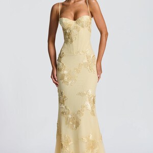 Pastel Yellow Mermaid Gown: 3D Floral Embroidery, Elegant Backless ...