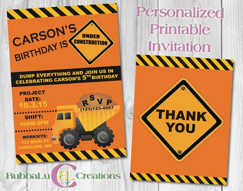 Construction Birthday Invitation And Matching Thank You Etsy