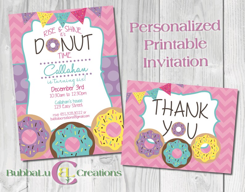 Donut Birthday Invitation and Thank You Card. Printable Donut Invite ...