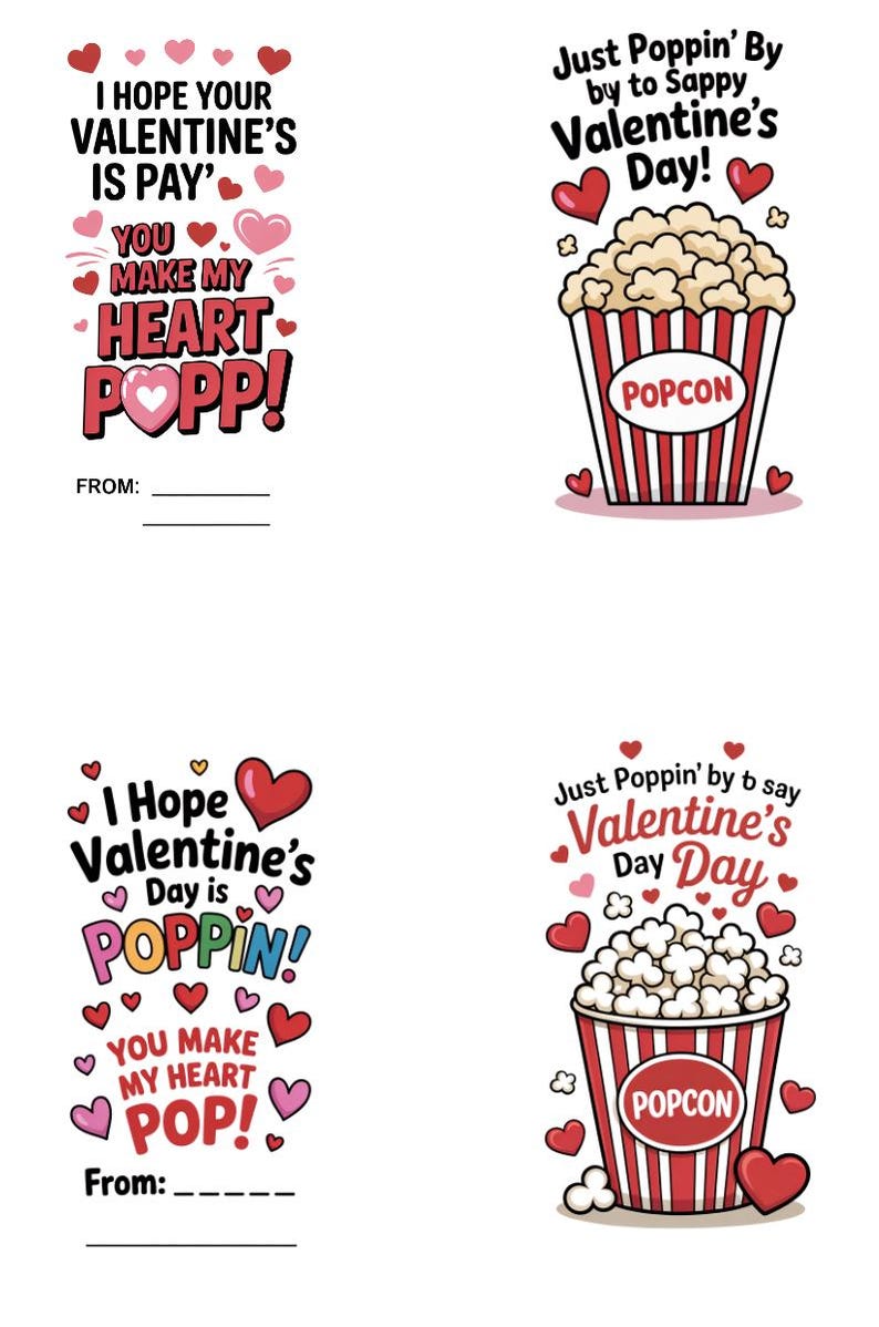 Popcorn Valentine Cards, Printable Classroom Valentines (PDF Download 2 ...