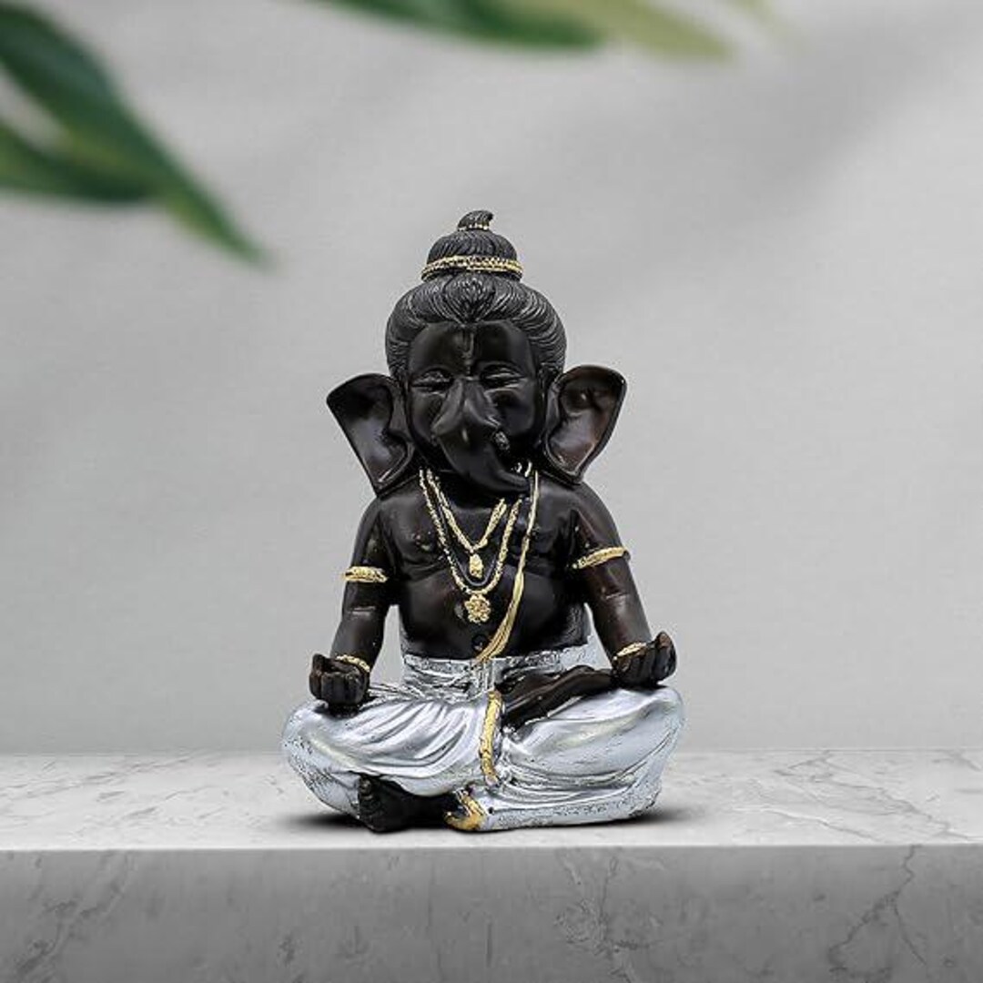 Lord Ganesha in Conch Shell Statue, Elegant Black & Gold Ganesha Murti ...