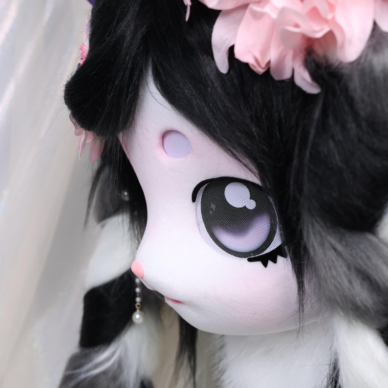 Kigurumi Black White Gray Bunny Fursuit Head Braided Hair Cartoon Eyes ...