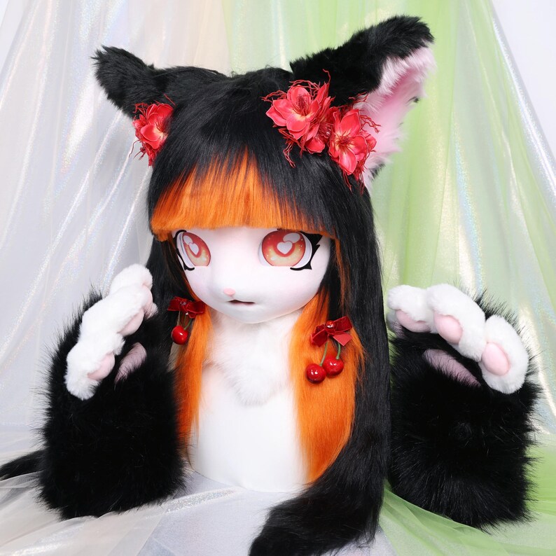Kigurumi Black Orange Kitty Fursuit Head With Bangs Heart Cartoon Eyes ...