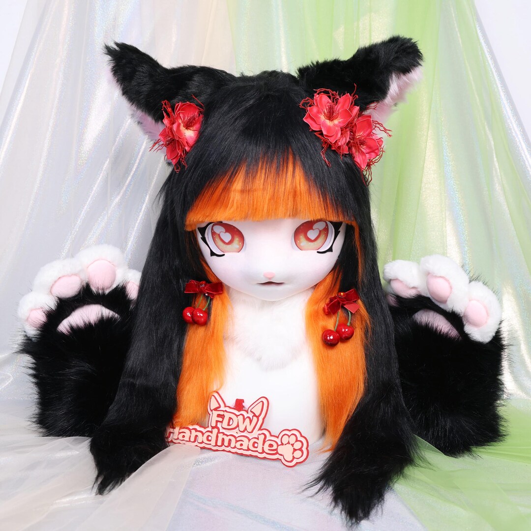 Kigurumi Black Orange Kitty Fursuit Head With Bangs Heart Cartoon Eyes ...