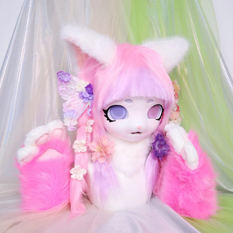 Kigurumi Pink Purple Kitty Fursuit Head Cartoon Eyes Faux Fur Neck ...