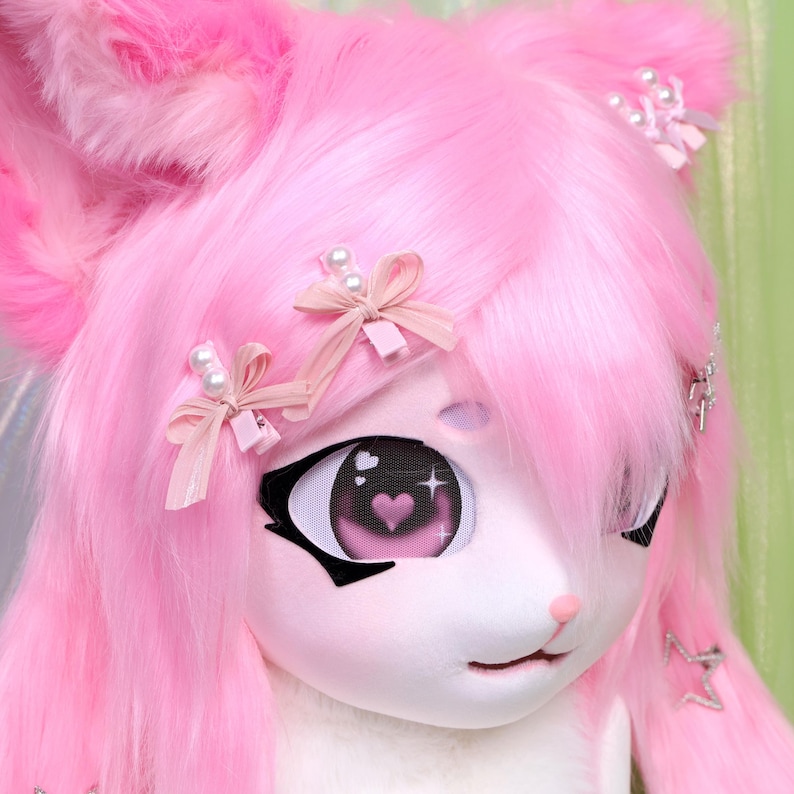 Kigurumi Bright Pink Kitty Fursuit Head With Bangs Heart Cartoon Eyes ...