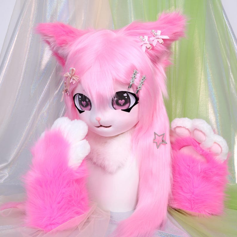 Kigurumi Bright Pink Kitty Fursuit Head With Bangs Heart Cartoon Eyes ...