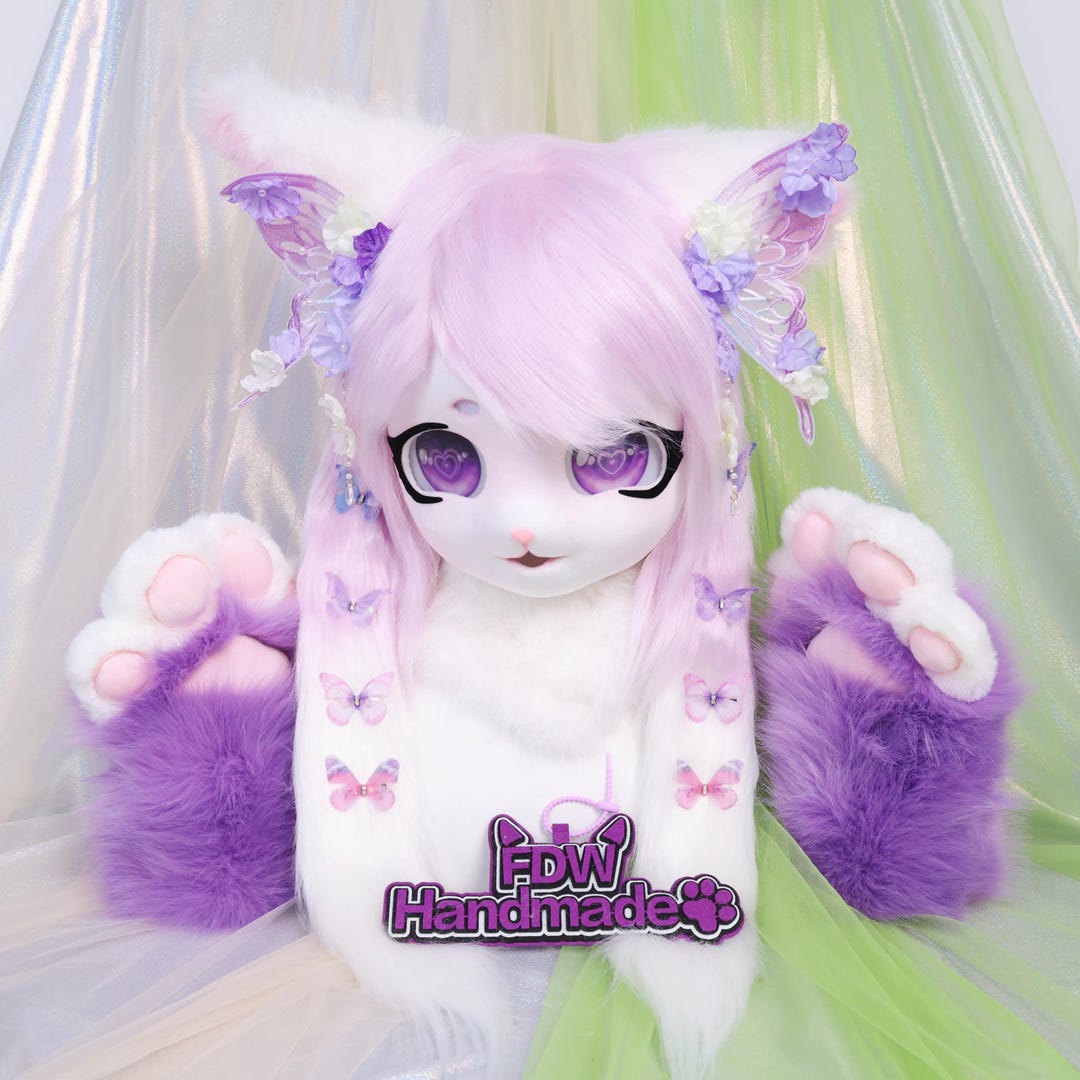Kigurumi White Purple Kitty Fursuit Head Heart Cartoon Eyes Faux Fox ...