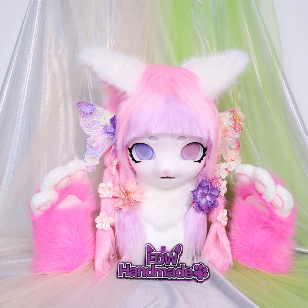 Kigurumi Pink Purple Kitty Fursuit Head Cartoon Eyes Faux Fur Neck ...