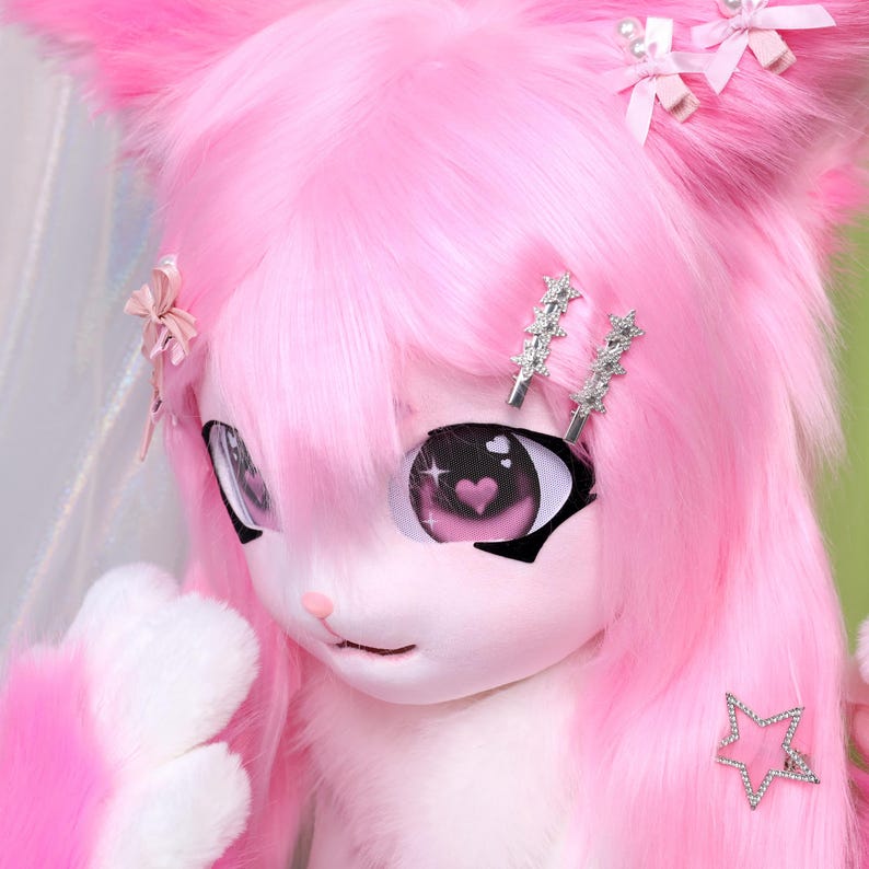 Kigurumi Bright Pink Kitty Fursuit Head With Bangs Heart Cartoon Eyes ...