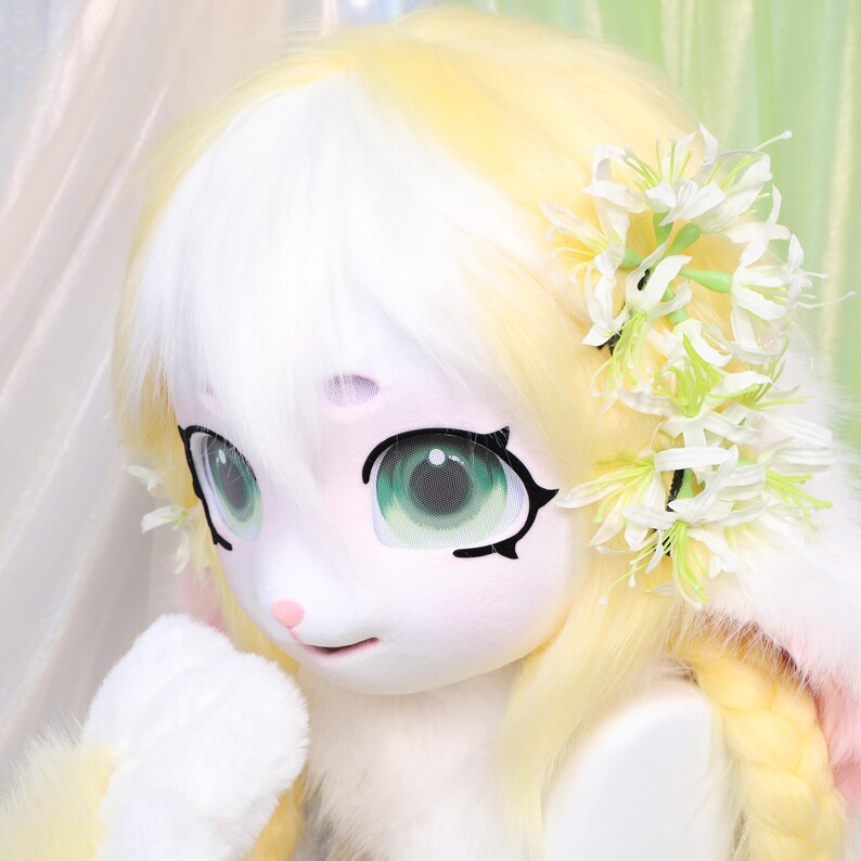 Kigurumi White Yellow Bunny Fursuit Head With Twin Braids Lop Ears ...