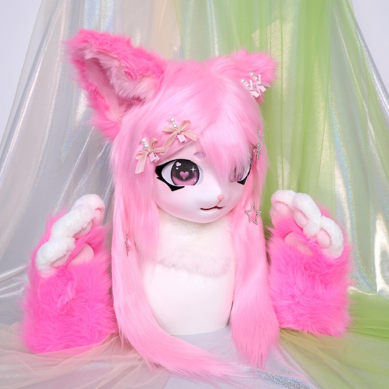 Kigurumi Bright Pink Kitty Fursuit Head With Bangs Heart Cartoon Eyes ...