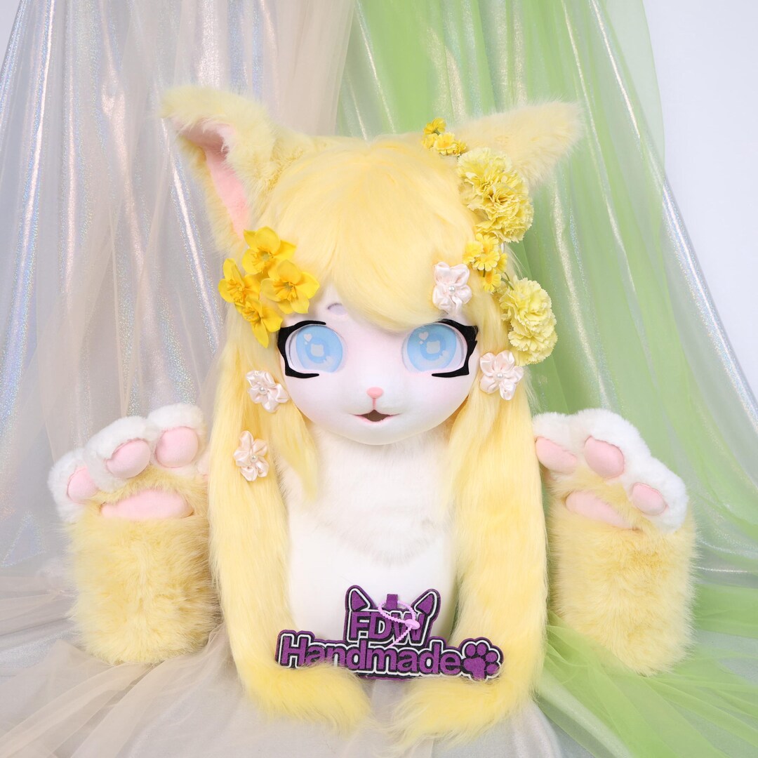 Kigurumi Yellow Kitty Fursuit Head Cartoon Eyes Faux Fox Fur Neck Fluff ...