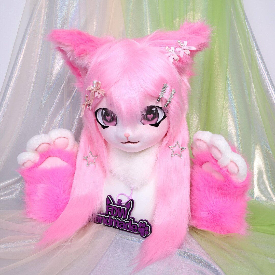 Kigurumi Bright Pink Kitty Fursuit Head With Bangs Heart Cartoon Eyes ...