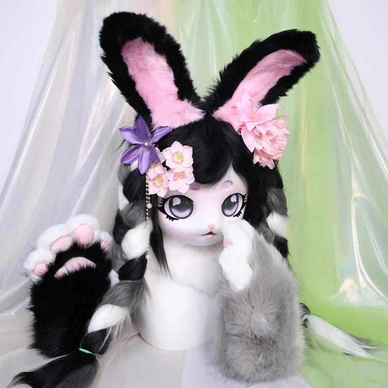 Kigurumi Black White Gray Bunny Fursuit Head Braided Hair Cartoon Eyes ...