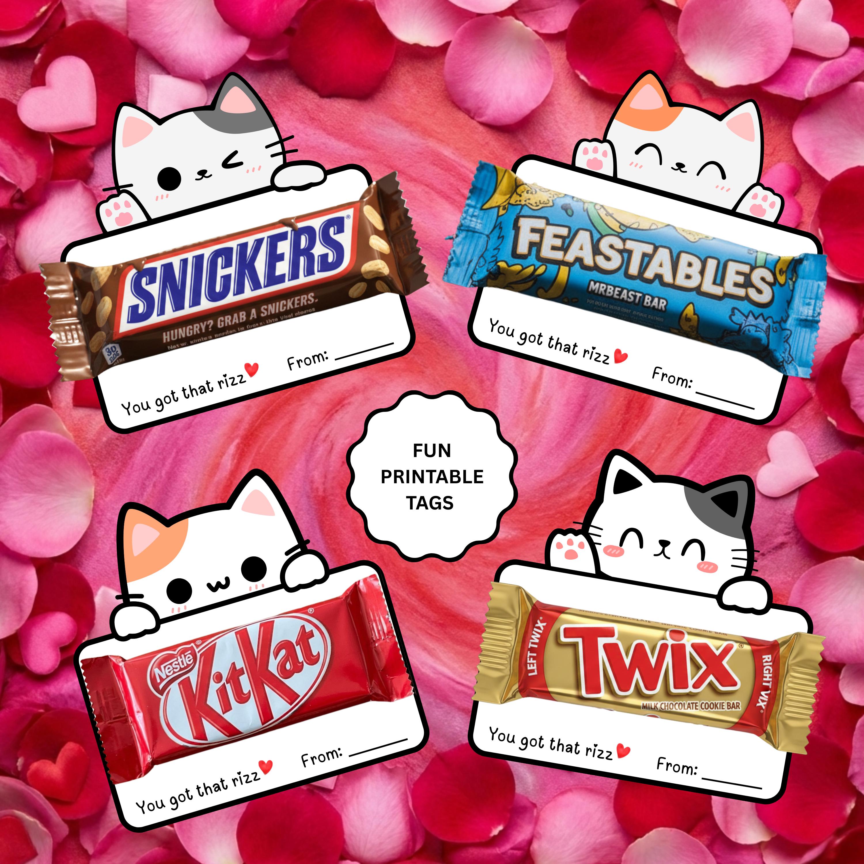 Printable Cat-themed Cards, Valentine Party Favors, Chocolate Gift ...