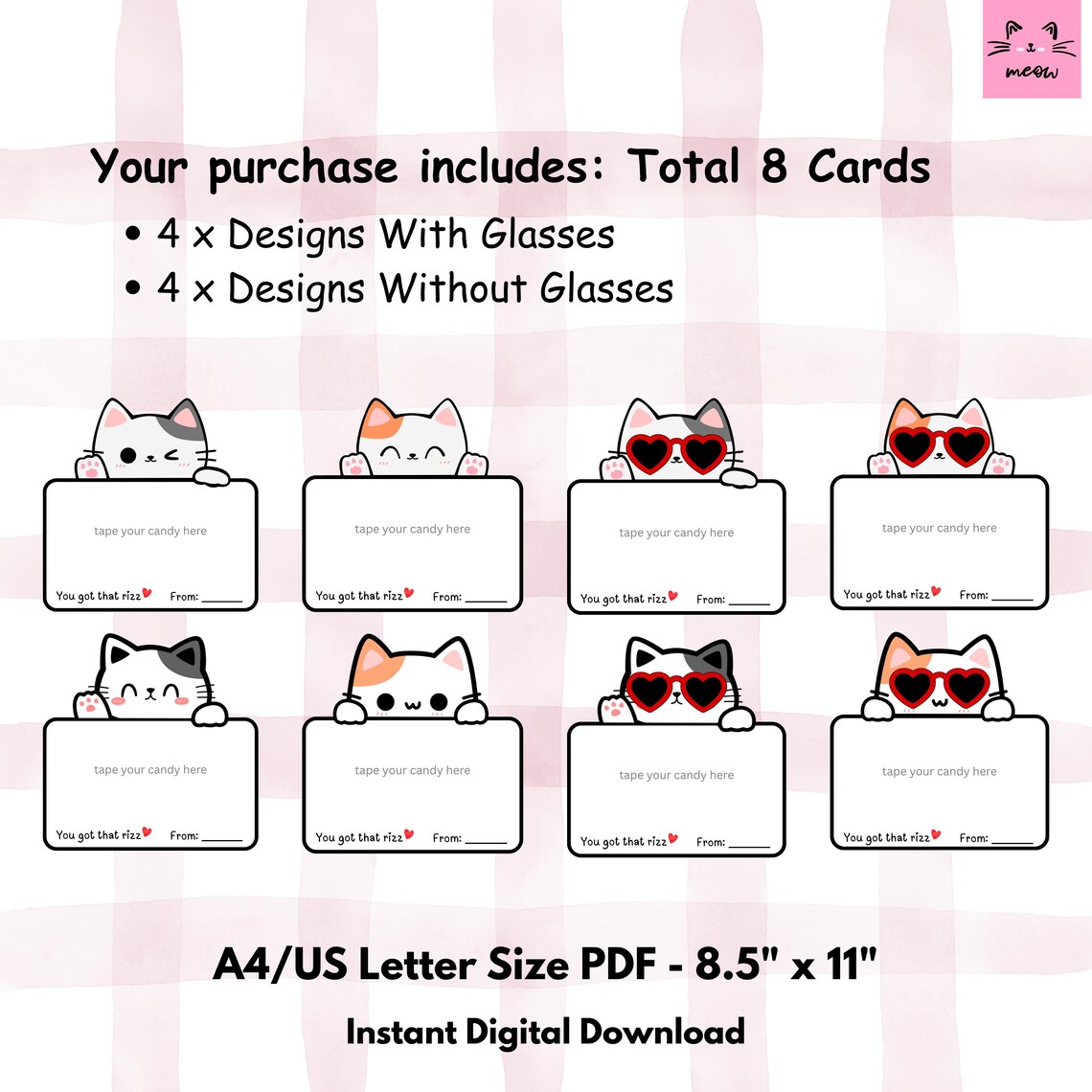 Printable Cat-themed Cards, Valentine Party Favors, Chocolate Gift ...