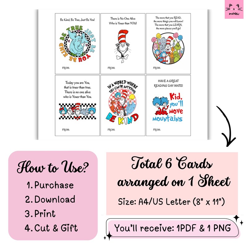 Printable Dr Seuss Gift Cards, Read Across America, Treat Tags, Oh the ...