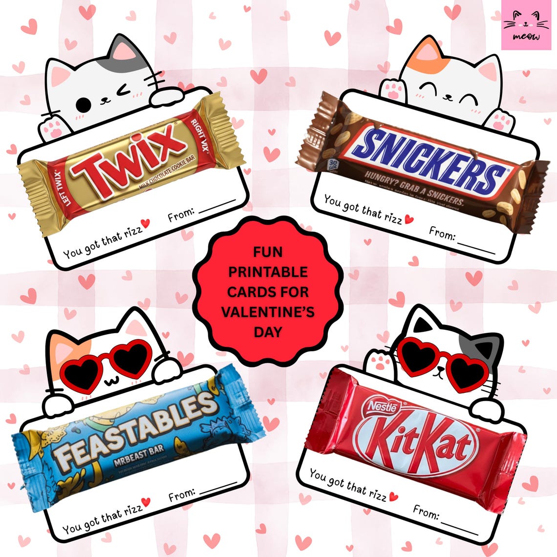 Printable Cat-themed Cards, Valentine Party Favors, Chocolate Gift ...
