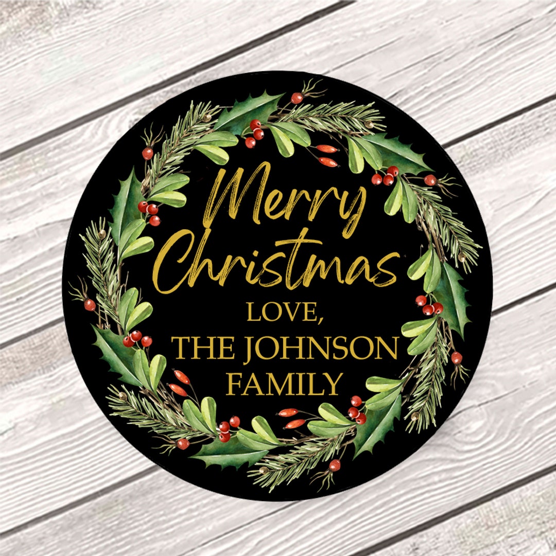 Personalized Christmas Wreath Label, Custom Christmas Tags, Gold Font ...