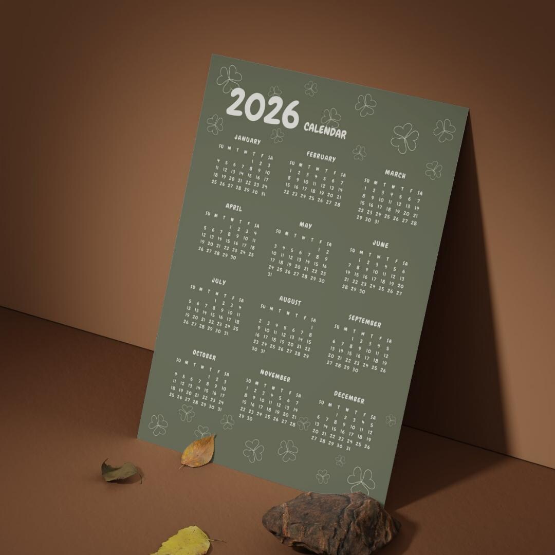 2026 One Page Calendar Printable, Green Clover Design, All-in-one ...