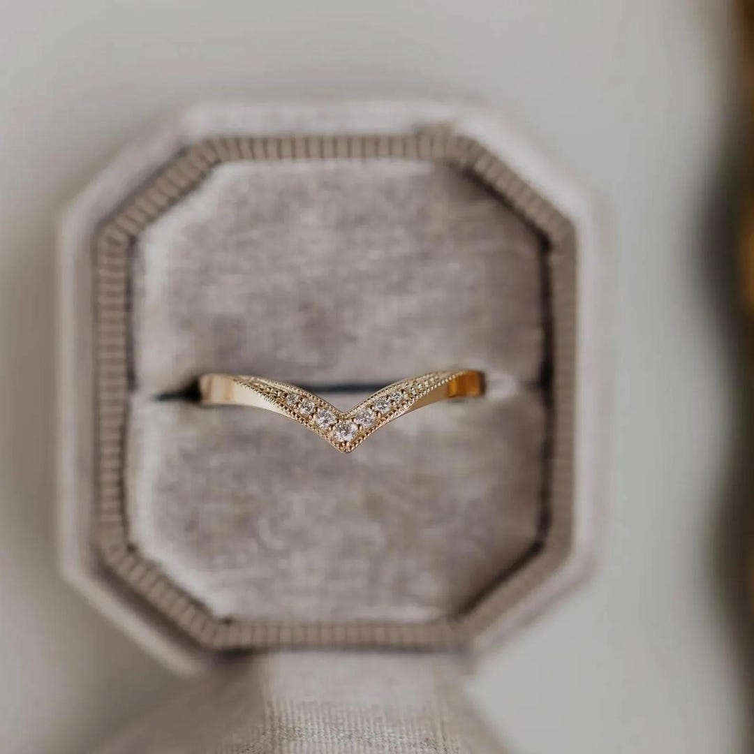 Milgrain Chevron Wedding Band, Diamond Stacking Ring, Guard 14K Gold ...