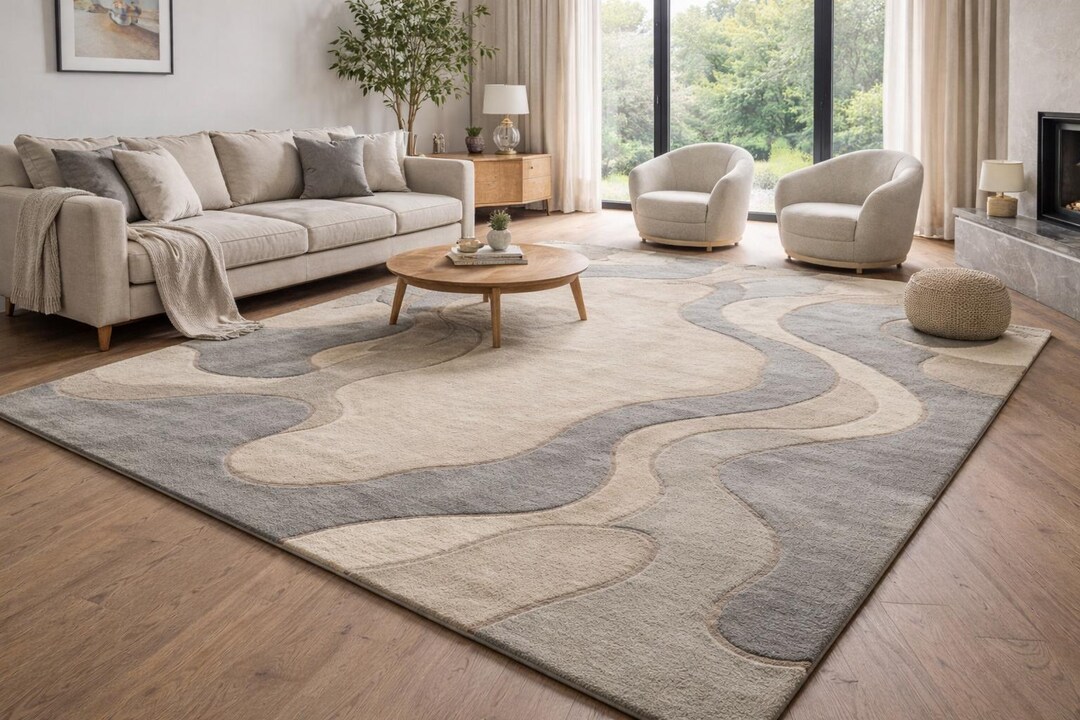 Hand-tufted Wool Rug, Abstract Wave Beige & Grey - Etsy
