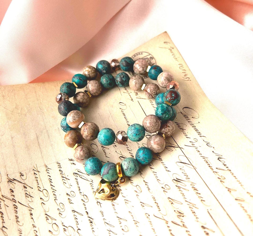 African Turquoise Imperial Jasper Bracelet Set – Gold-tone Heart Charm ...