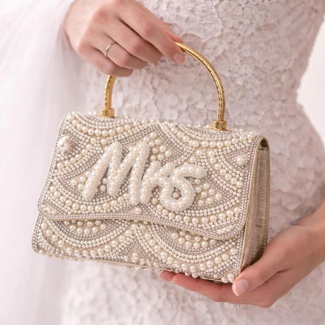 Personalised Mrs Pearl Top Handle Hand Bag Honeymoon Abroad Wedding Hen ...