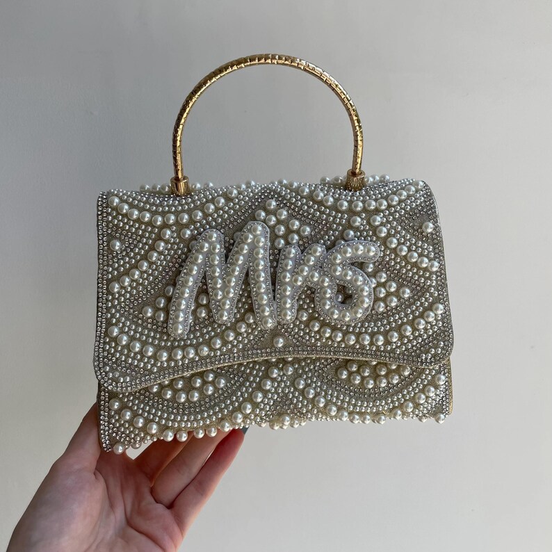 Personalised Mrs Pearl Top Handle Hand Bag Honeymoon Abroad Wedding Hen ...