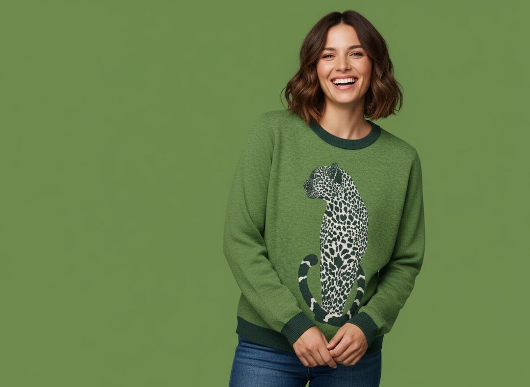 Pull moderne en maille guépard à col rond - Vert olive - Etsy France