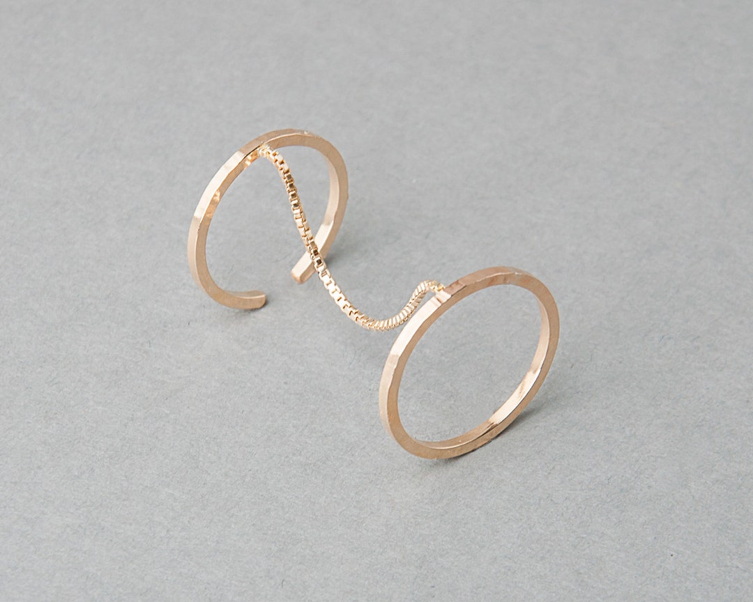 Double Ring, Connected by Dainty Chain, Handmade in Silver or 14k Gold ...