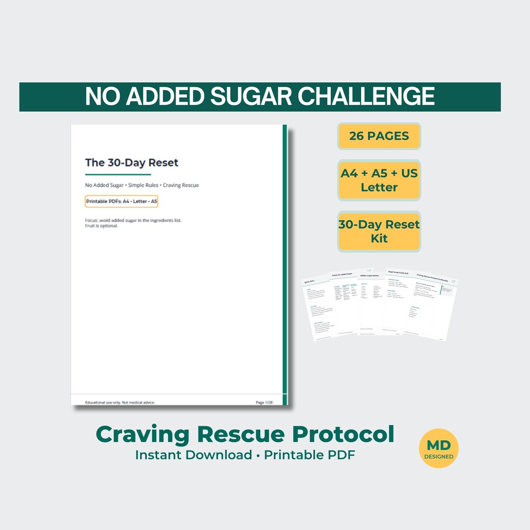 30 Day No Added Sugar Challenge Kit | Sugar Detox Planner + Cravings ...
