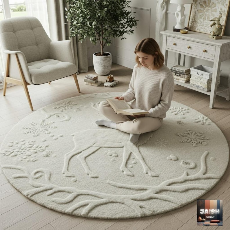 Handmade Round Deer Wool Rug, Minimal Ivory Animal Motif Area Rug for ...