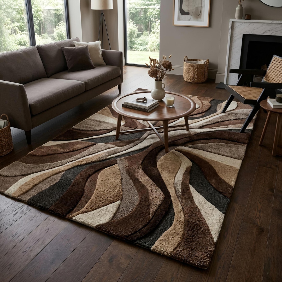 Brown Abstract Swirl Area Rug, Modern Living Room Carpet, Luxury ...