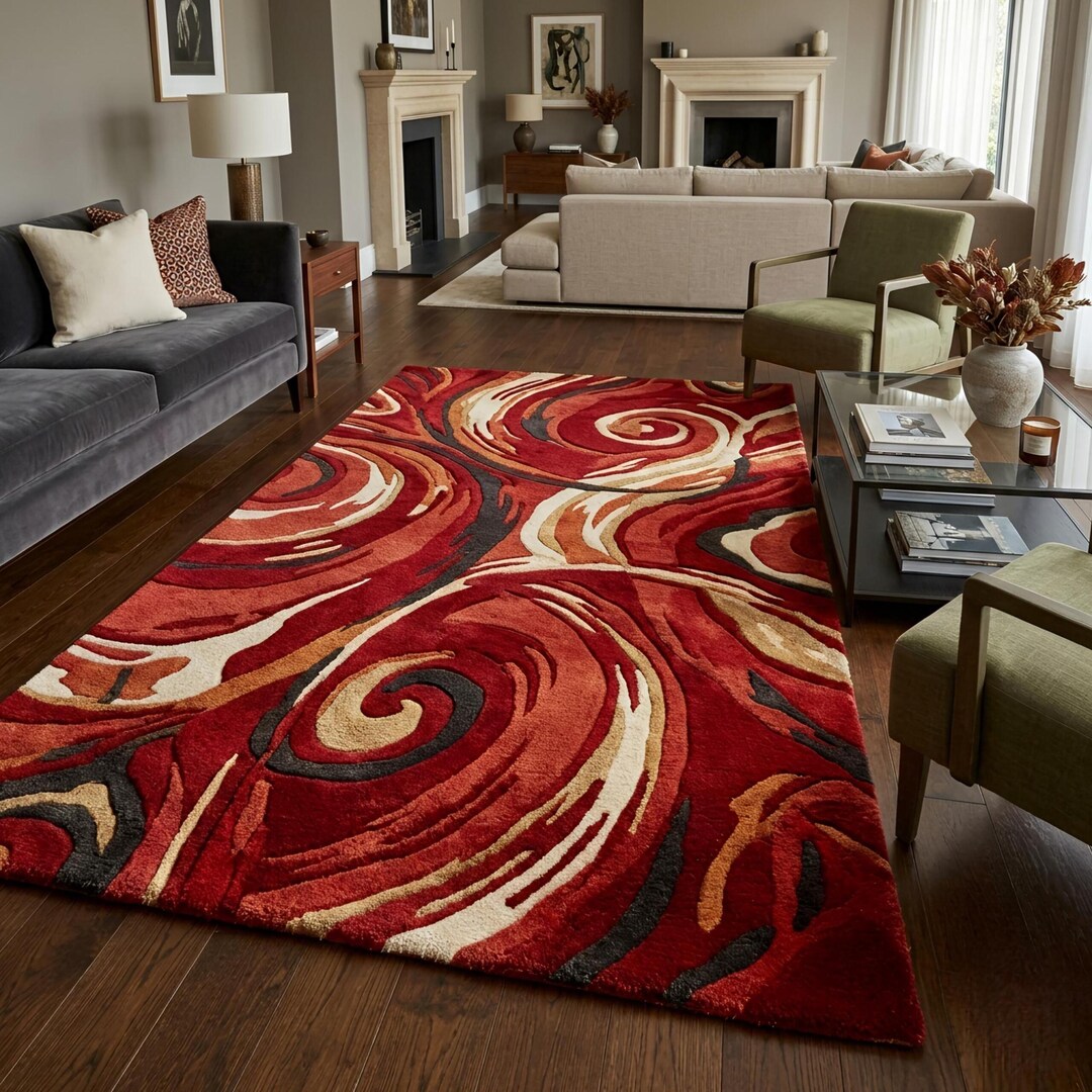 Red Abstract Area Rug, Modern Living Room Rug, Contemporary Swirl ...