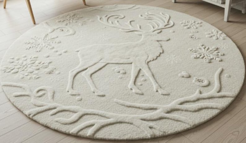 Handmade Round Deer Wool Rug, Minimal Ivory Animal Motif Area Rug for ...
