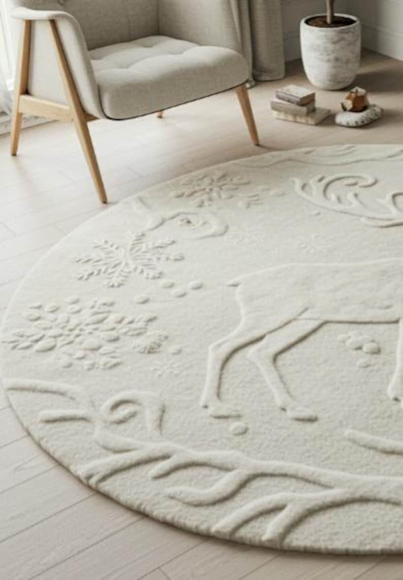 Handmade Round Deer Wool Rug, Minimal Ivory Animal Motif Area Rug for ...